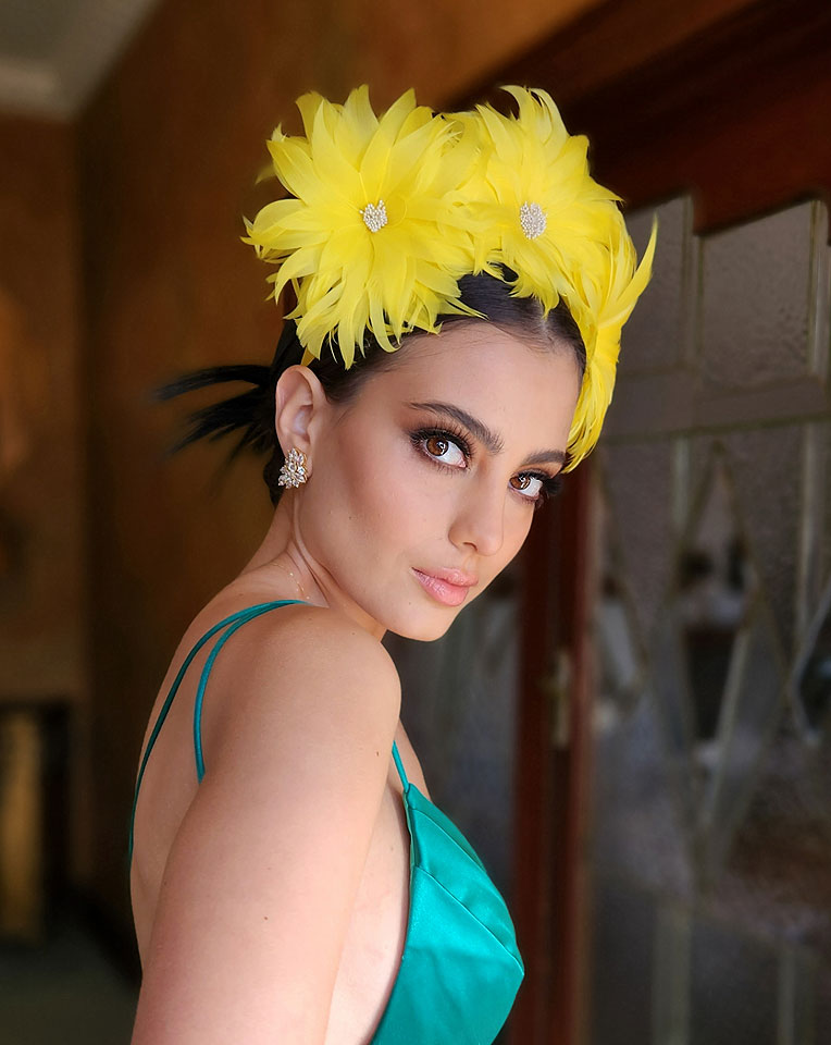 Race day crown and fascinators- bold yellow feather flower headband ...