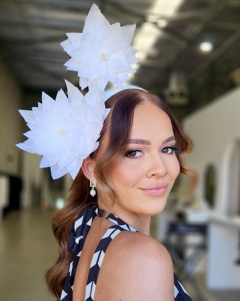 Race day crown and fascinators - fun and fancy white feather flowers o ...