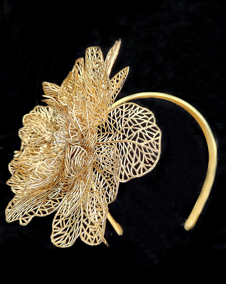 Race day crown and fascinators - metallic gold filagree flower headban ...